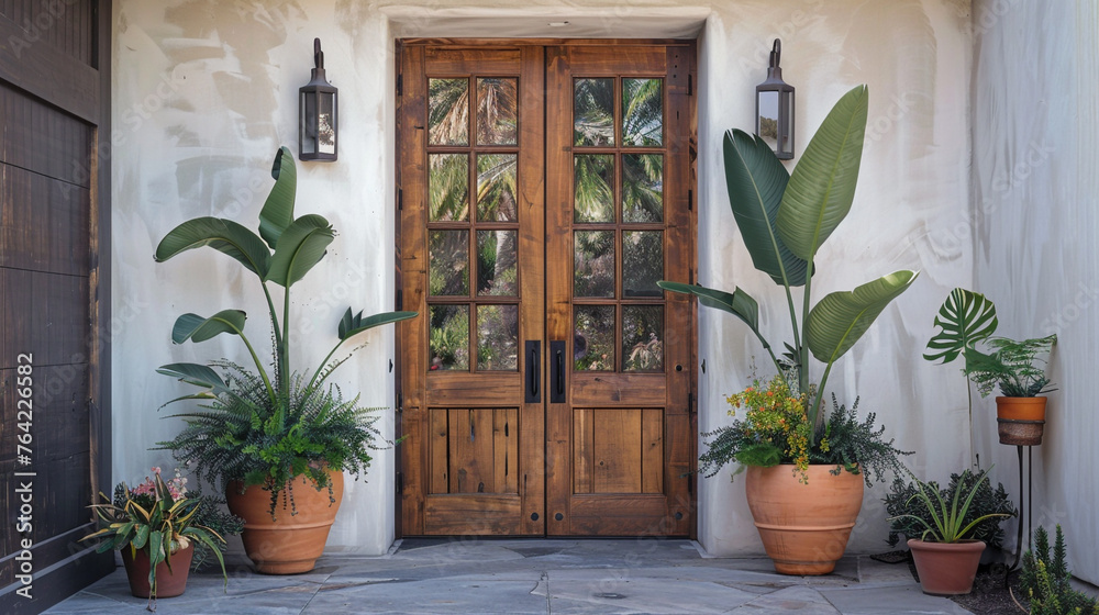 Modern farmhouse entryway, accentuated by vibrant potted plants. Wooden ...