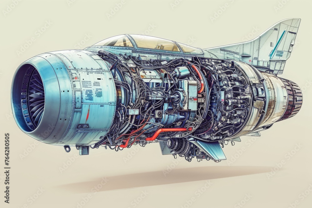 A detailed drawing of a jet engine displayed on a white background ...