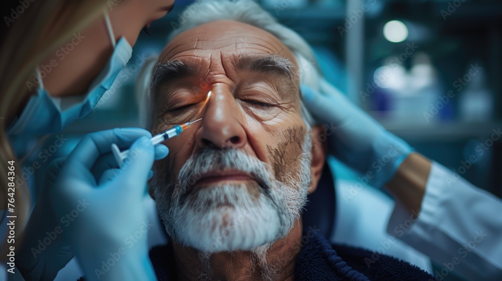 aged man with facial treatment in aesthetic clinic, receives a botox ...