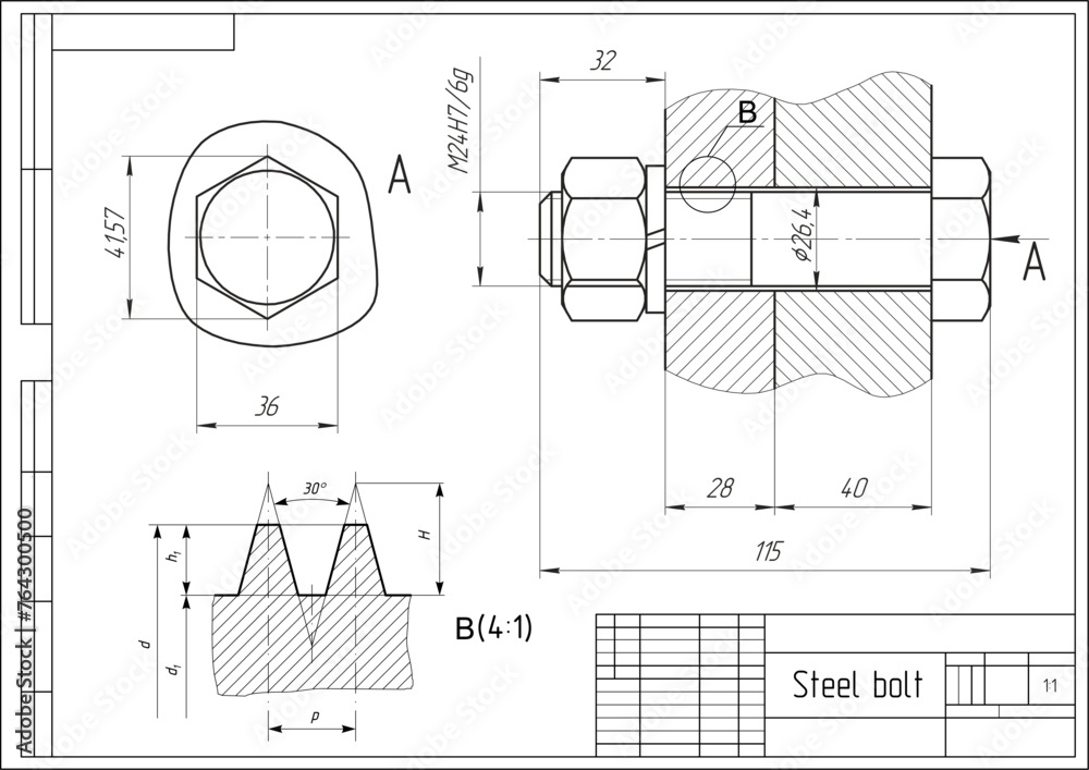 Vector engineering cad drawing of mechanical part (steel bolt) with ...