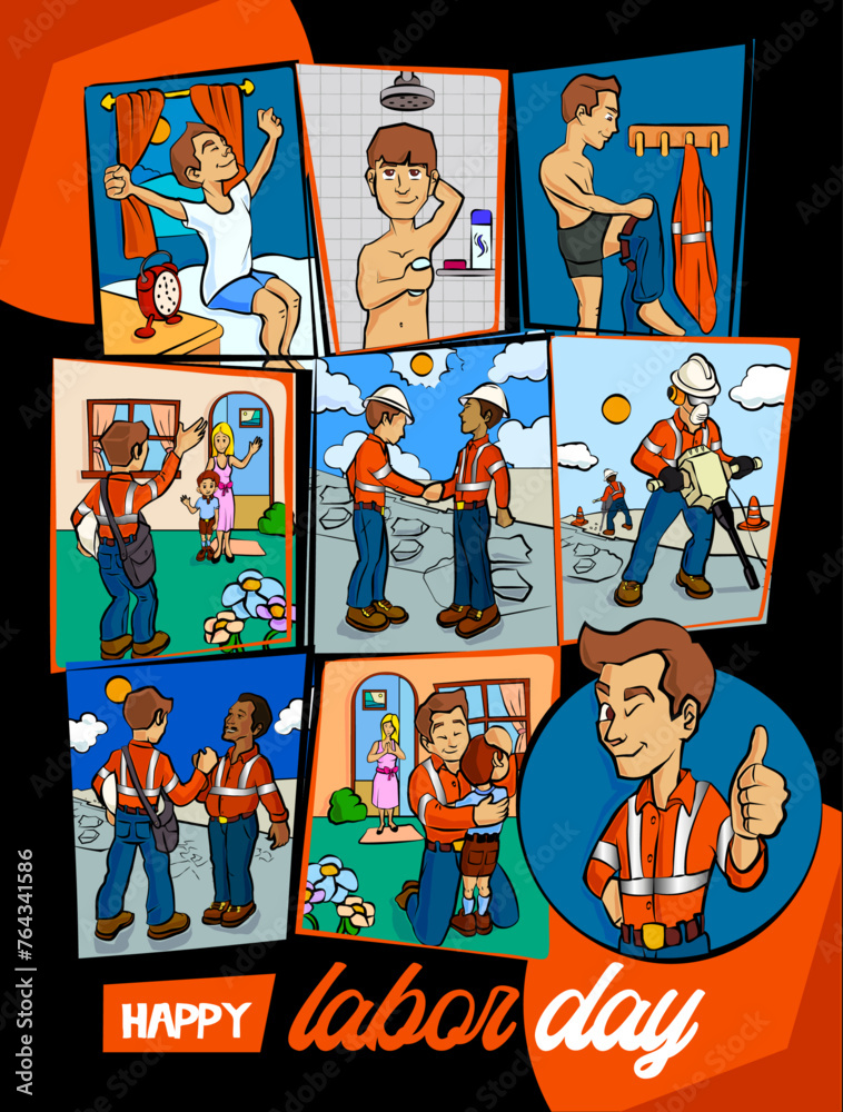 Stock-Vektorgrafik „Comic Labor Day, May 1, hug, child, woman, man ...