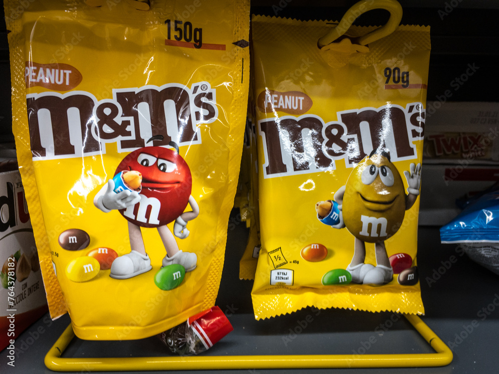 BELGRADE, SERBIA - FEBRUARY 12, 2024: M&M's logo on a pack of peanut ...