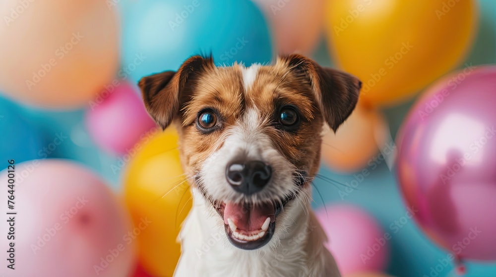 Photo Stock Joyful Pup Surprised by Colorful Balloons on Vibrant ...