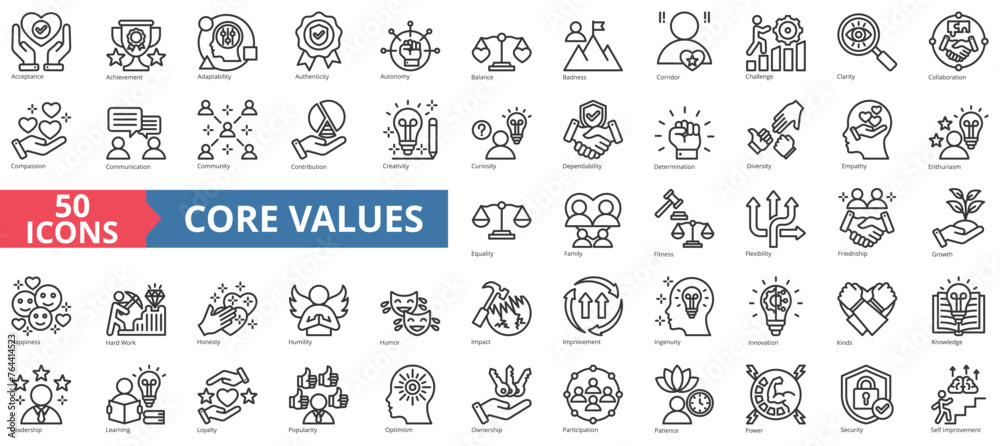 Core values icon collection set. Containing acceptance, achievement ...