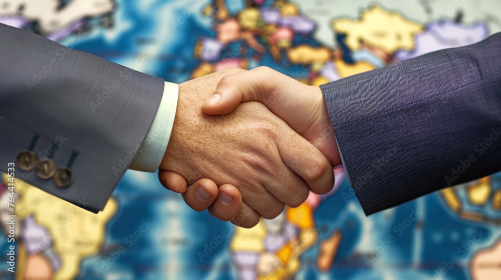 Two men shaking hands in front of a map of the world, trade cooperation ...