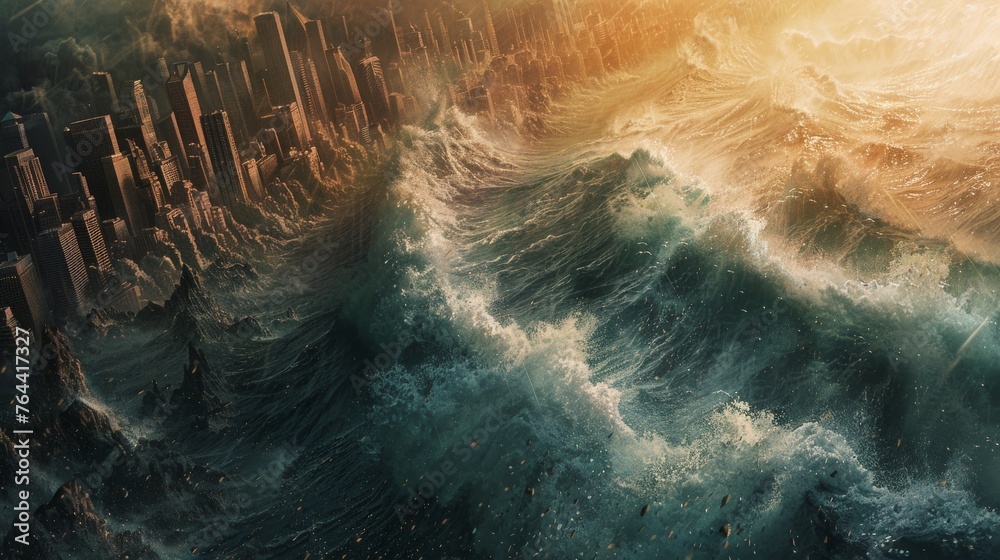 Tsunami Waves Engulfing a Cityscape, Illustrating the Devastating Power ...