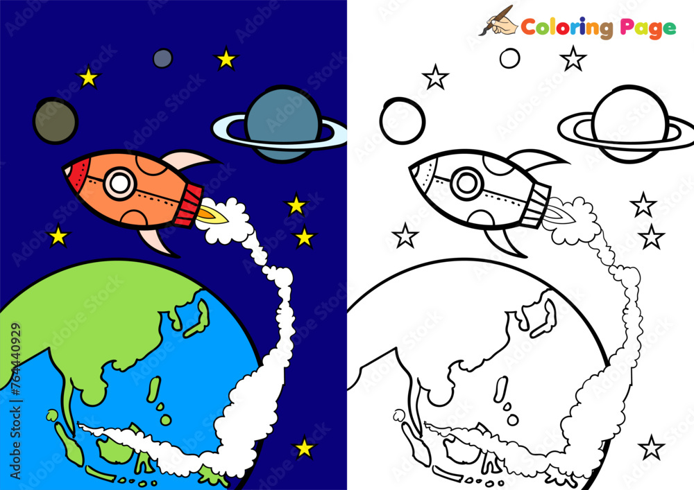 coloring page, rocket ship flying into space examining galaxy planets ...
