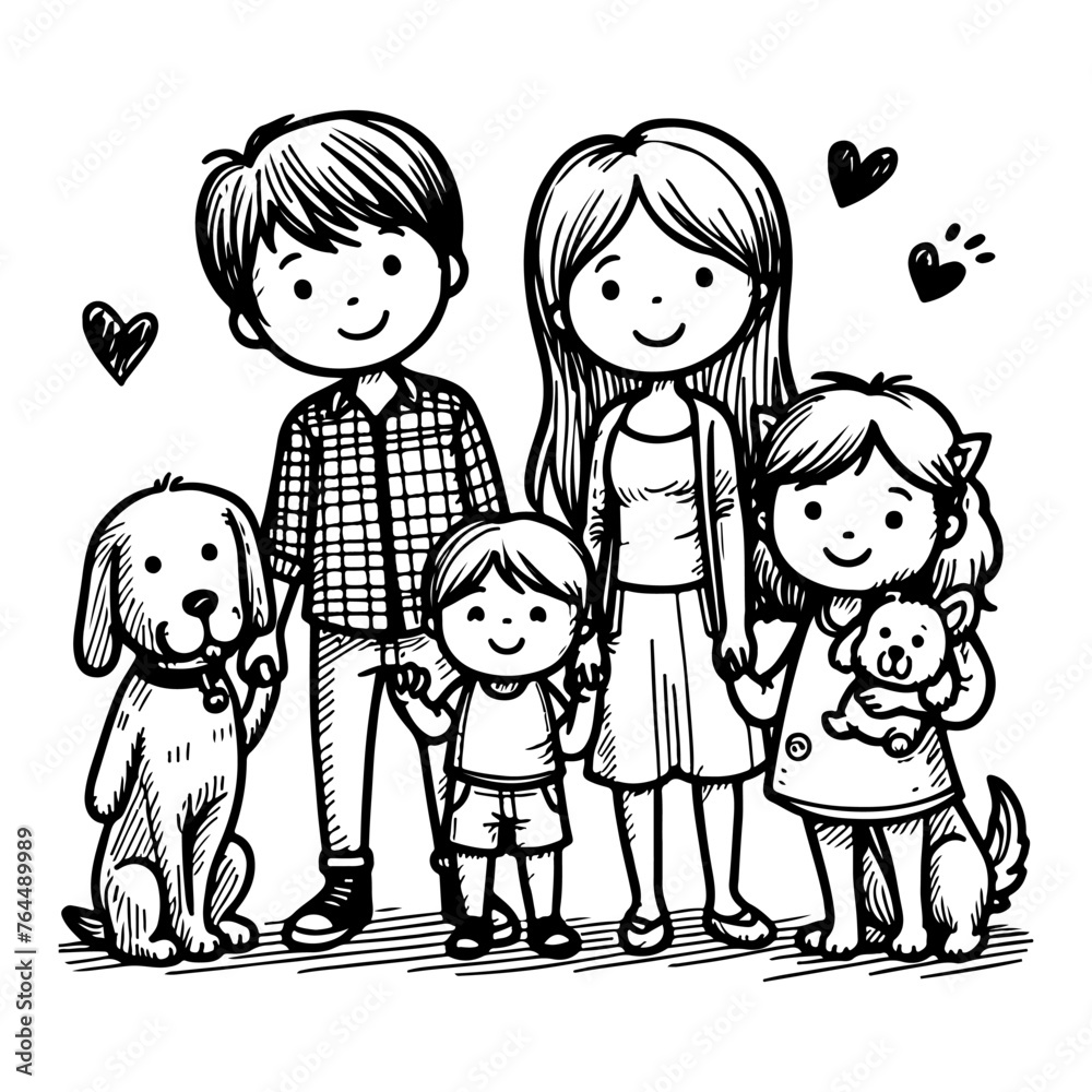 drawing happy family with dog cartoon character doodle vector ...