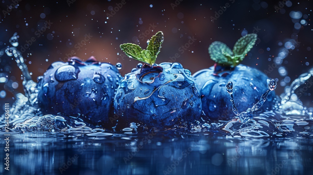 A cluster of azure berries floating on top of a mirror-like surface ...