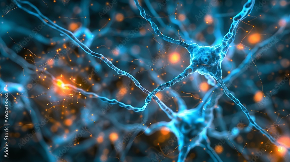 Abstract close up neurons cells presentation Synapses and axones transmitting electrical signals ...