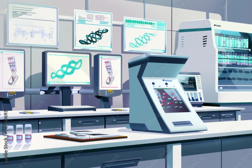 A genetics laboratory with gene sequencing machines, DNA extraction ...