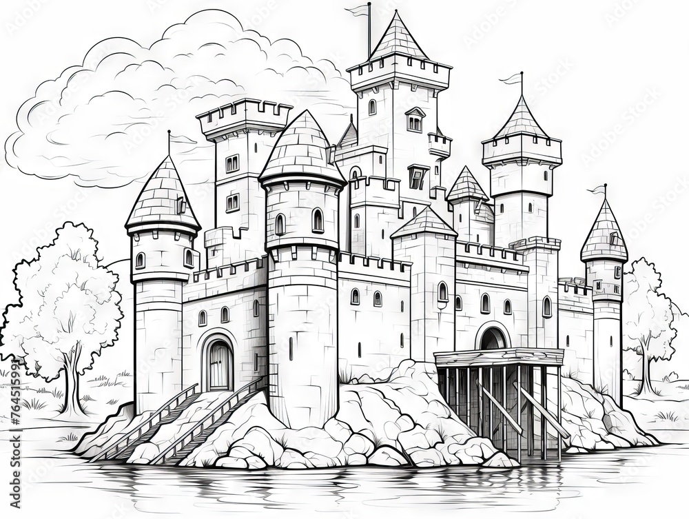 Medieval fantasy scene: castle encircled by moat with knights, dragons ...