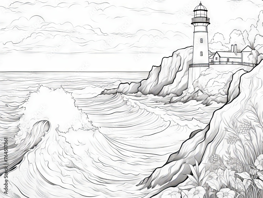Lighthouse landscape coloring page for adults - serene mountain and ...