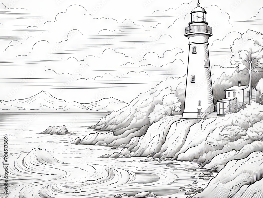 Lighthouse landscape coloring page for adults - serene mountain and ...