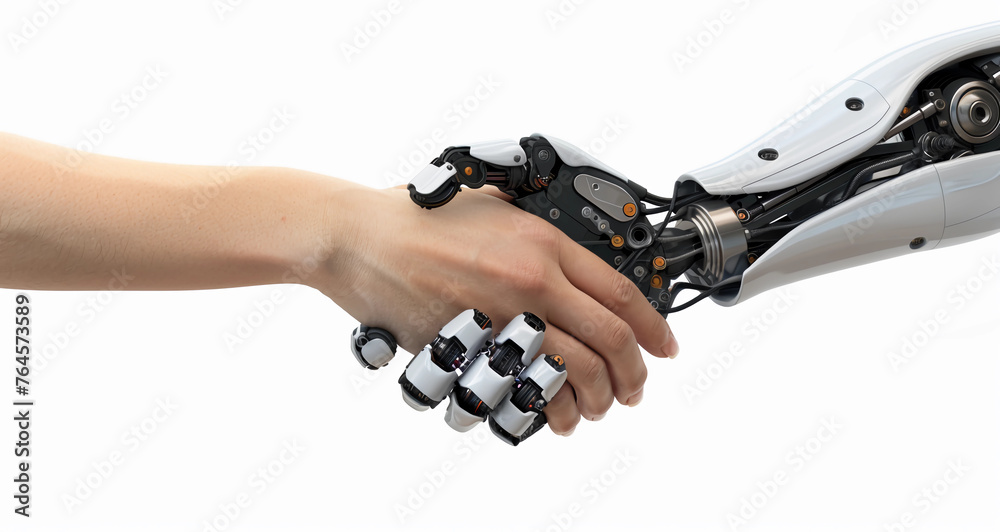 Portrait of a firm handshake between a human and a machine hands ...