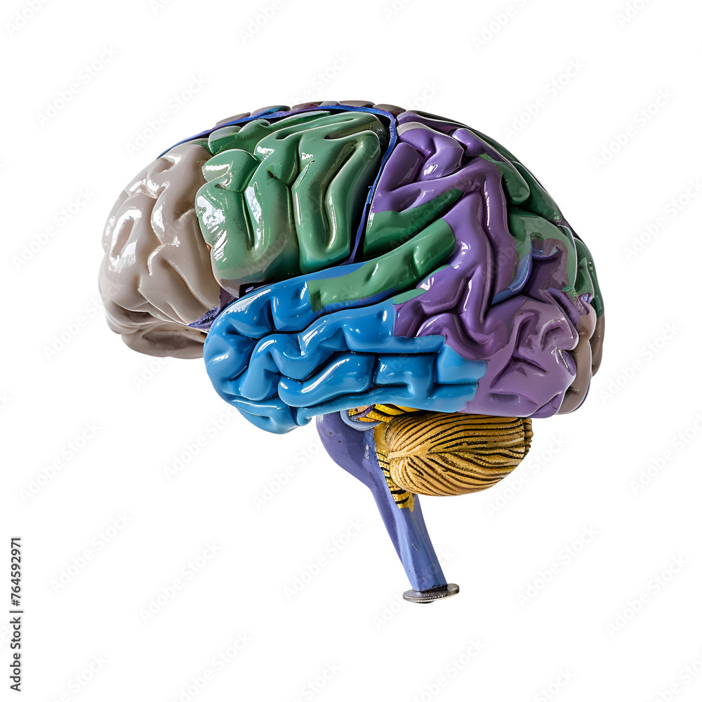 Human brain model featuring a blue Cerebellum, green Cerebrum, purple ...