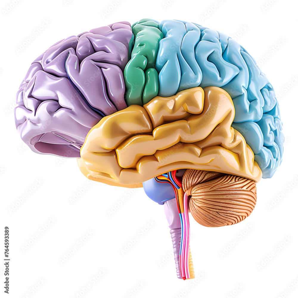Human brain model featuring a blue Cerebellum, green Cerebrum, purple ...