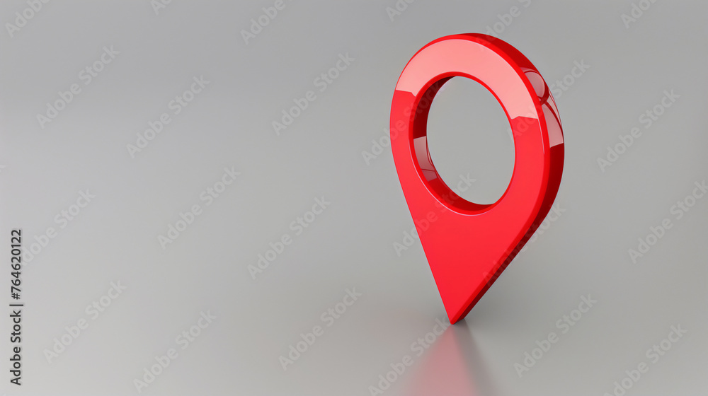 Glossy 3D red location pin on plain background, represents GPS navigation and location tracking ...