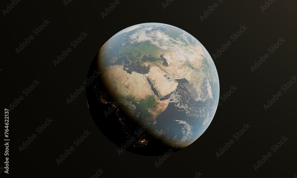 Realistic look on the Earth from space. The Earth on black background ...