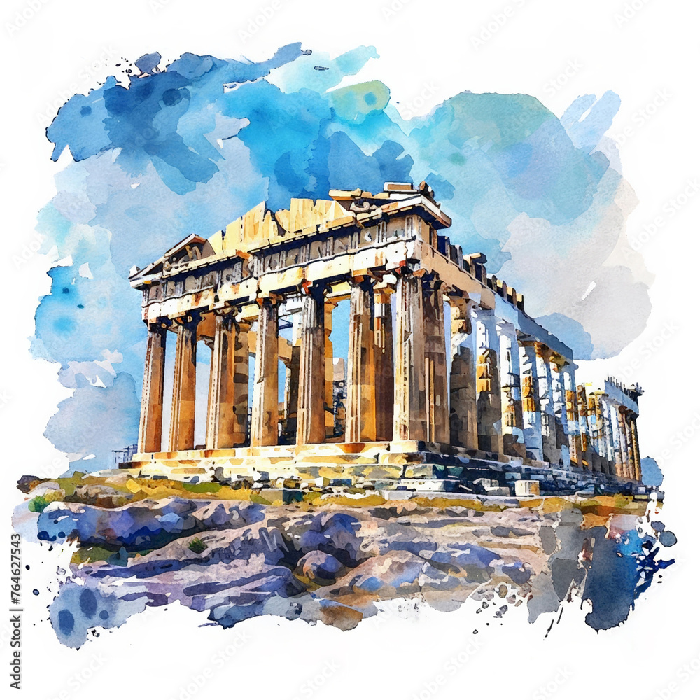 Watercolor illustration of the Parthenon on the Acropolis of Athens ...