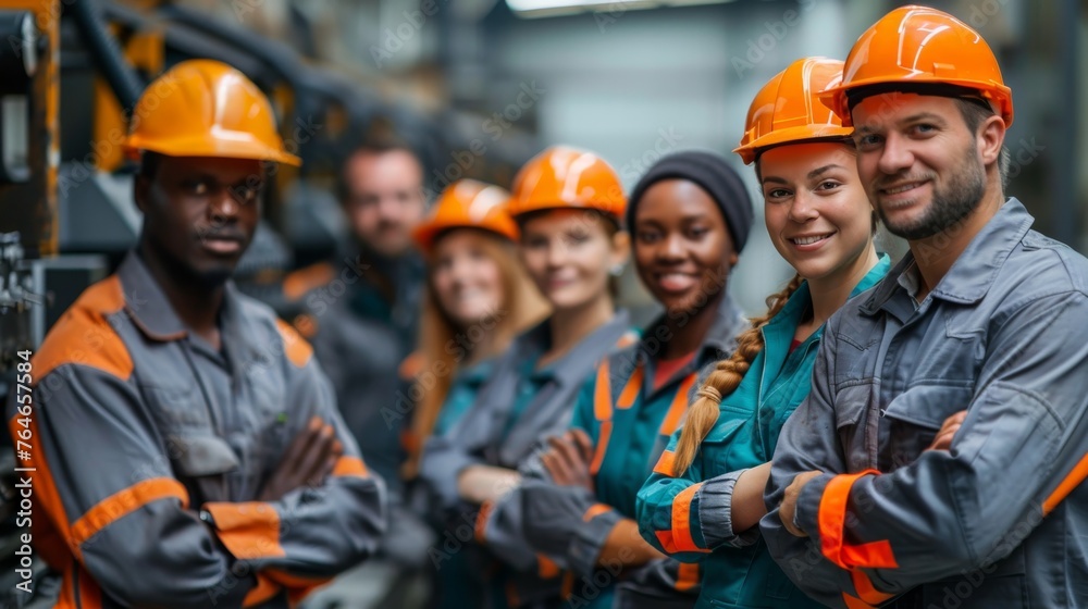 Confident multicultural team of workers in industrial setting Stock ...