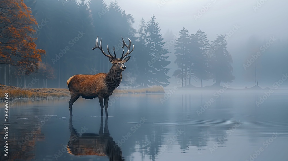A majestic stag peacefully gazes at its reflection intertwined with eco ...