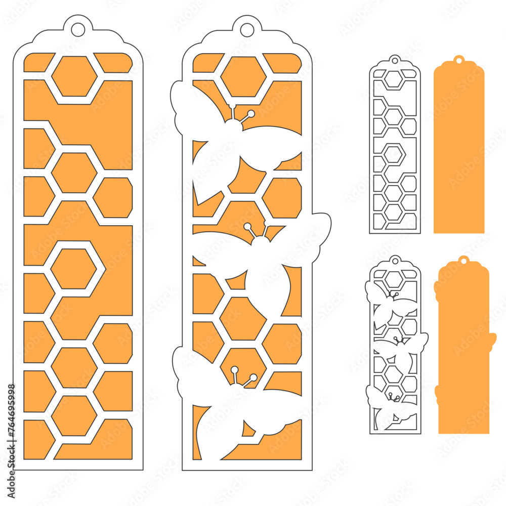 Decorative panel with bee and honeycomb, Bookmark template, Layered ...