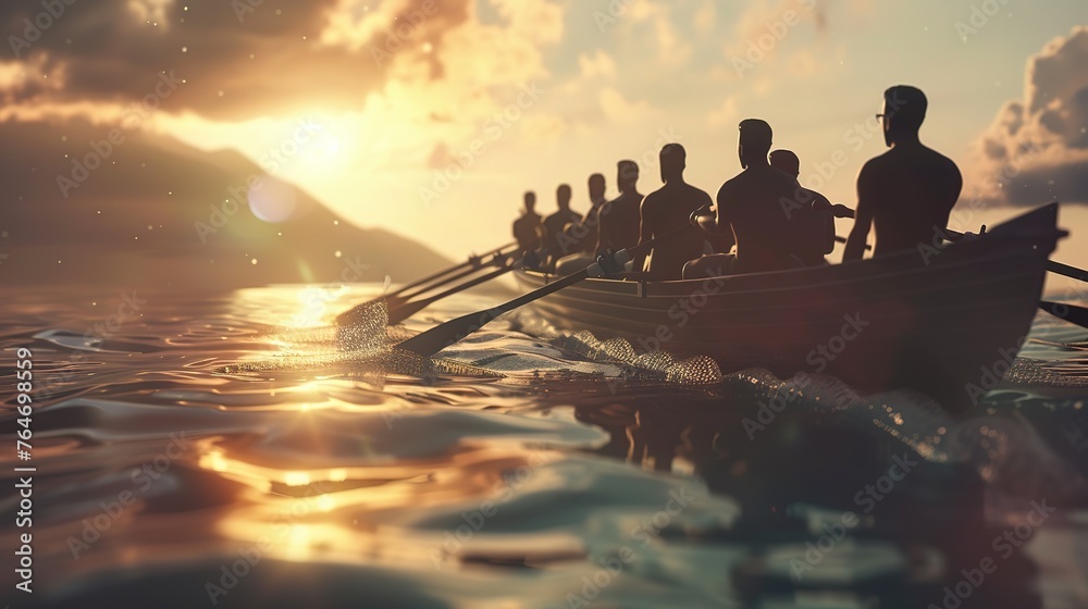 team rowing a boat together, with each member contributing to propel the boat forward ...