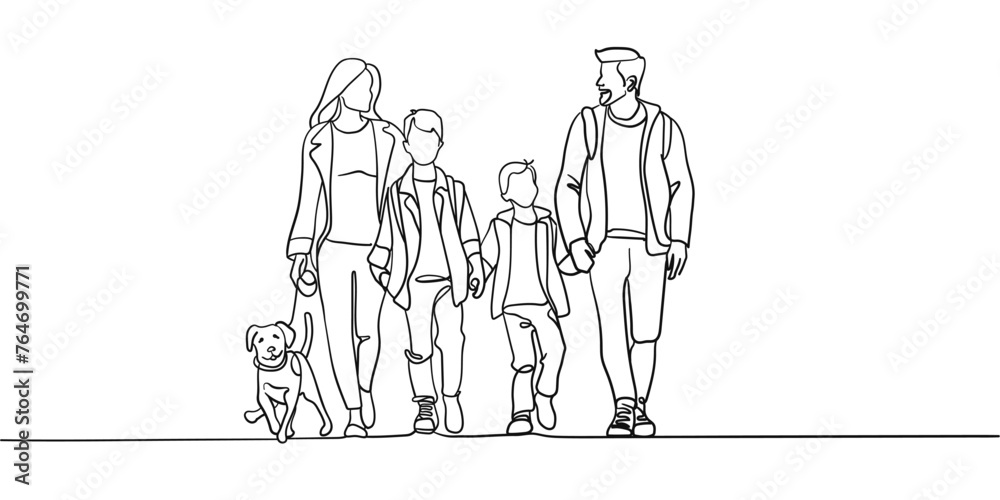 Continuous line happy family with dog on white background. Parents walk ...