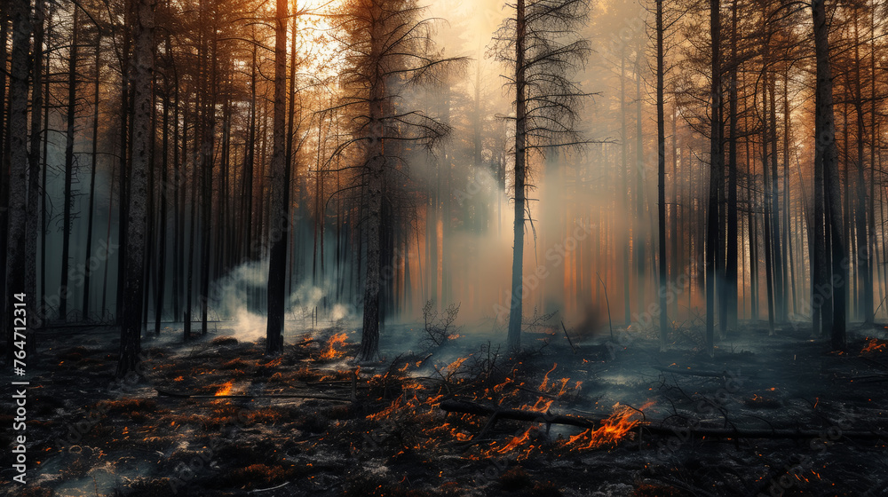 Wild forest fire. Burned trees after forest fires, lots of smoke. Natural disasters concept ...