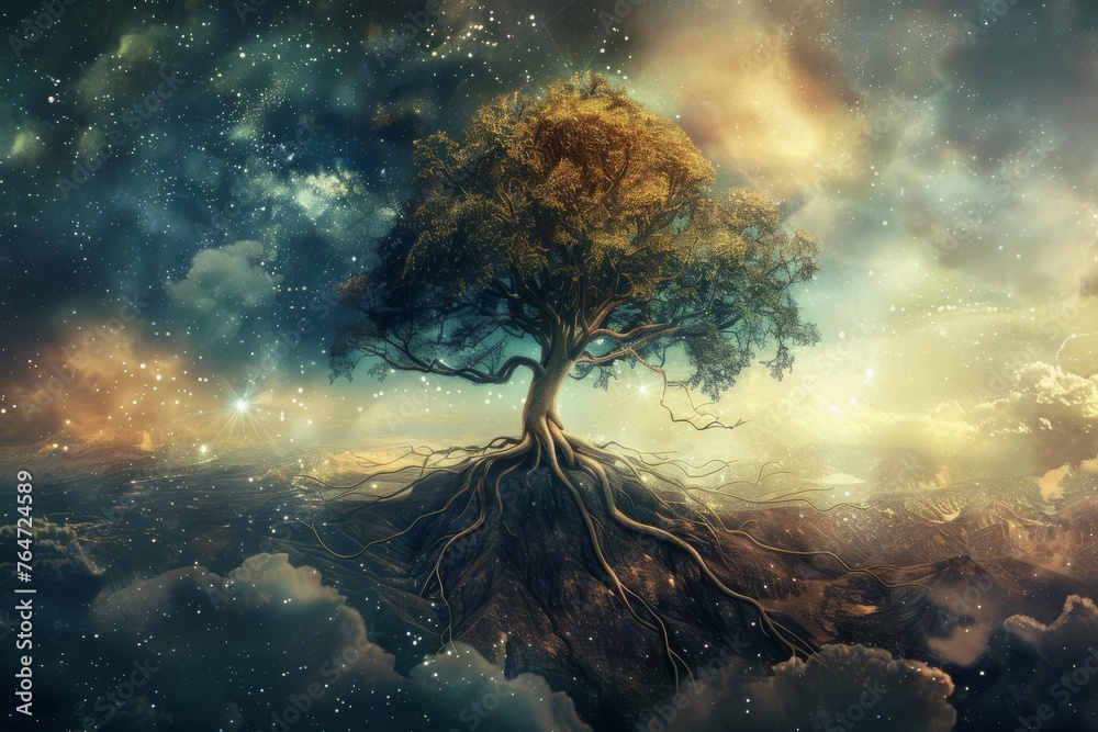 Surreal illustration of divine roots, extending from the heavens and ...