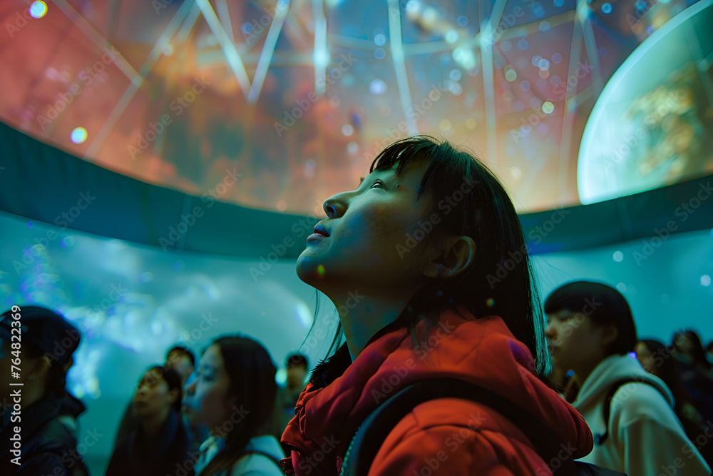Asien people inside a projection dome, looking Up, digital presentation ...