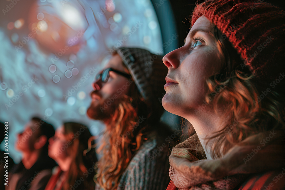 multinational people inside a projection dome, looking Up, digital ...