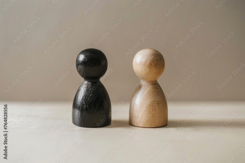 A black and a white wooden figure stand opposite each other, depicting ...