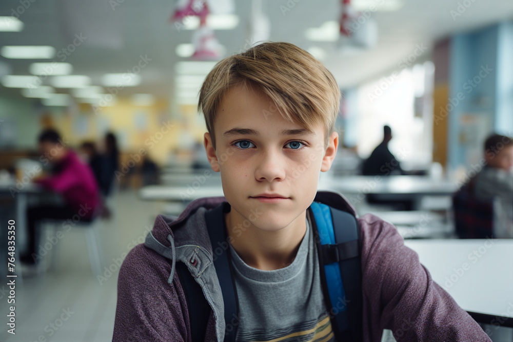 Happy school children in dinner place highschool canteen lunch break ...
