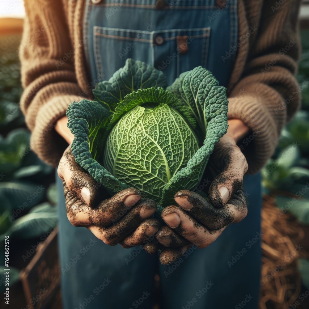 A farmer's hands, soiled from working the land, tenderly hold a lush ...