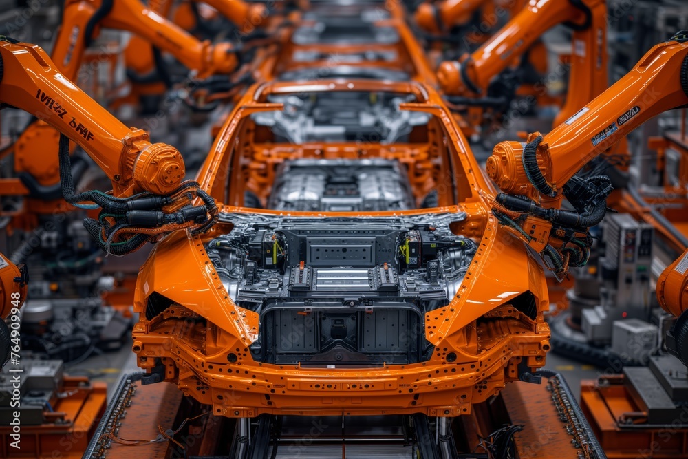 Central view of an auto manufacturing unit, orange robots installing ...