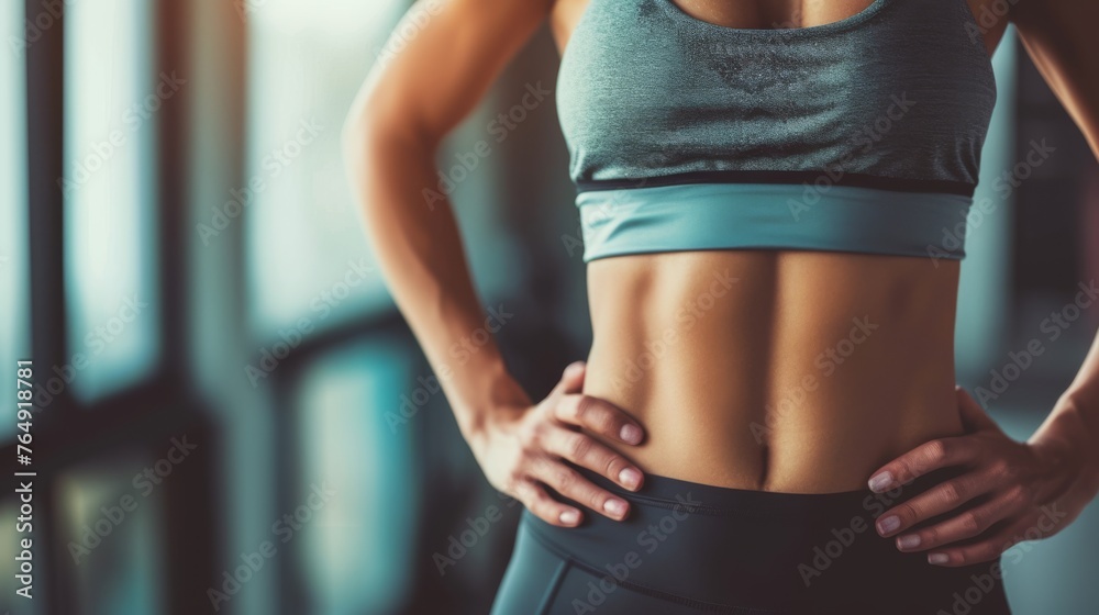 Sculpted female torso dressed in form-fitting workout attire ...