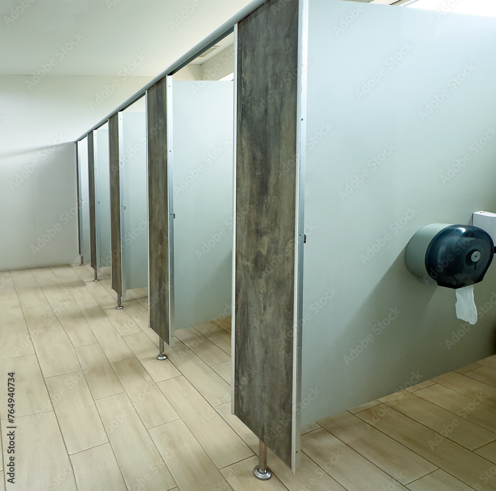 Public restroom design, row of toilet made of wood partition Stock ...