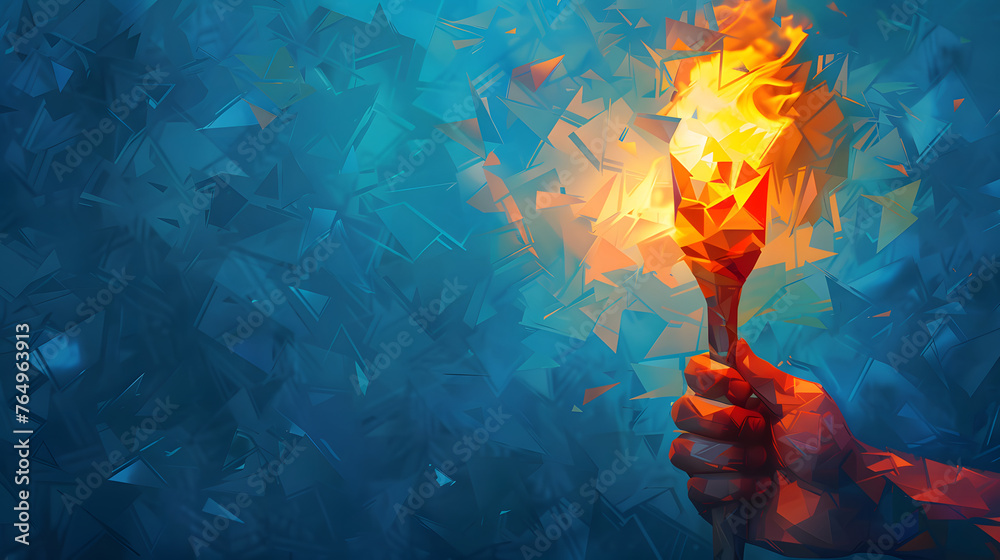 A hand is holding a torch with blue and red flames. The background is a ...