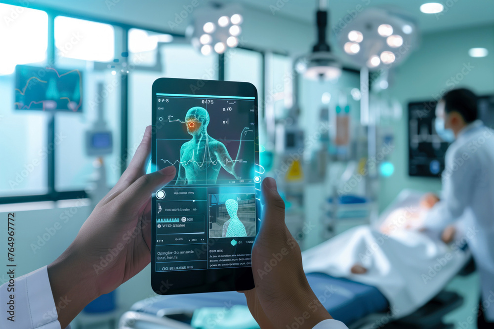 Tablet in clinical setting displays vital signs and digital human body ...