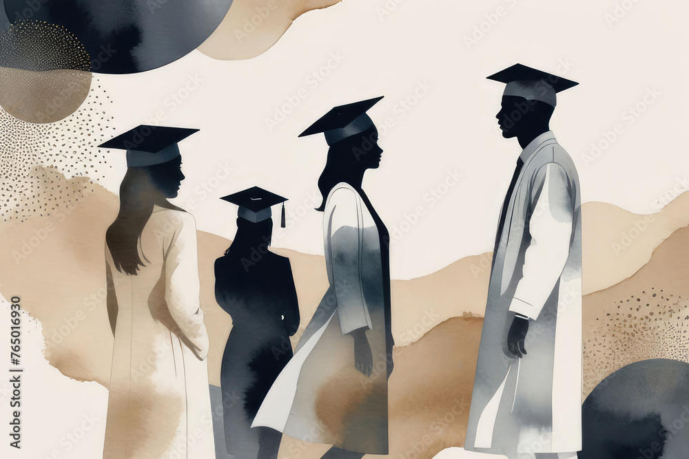 Silhouettes of students wearing graduation caps in water color painting ...