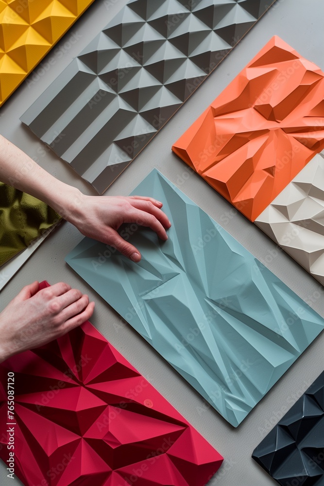 A collection of geometric patterned acoustic panels in various colors ...