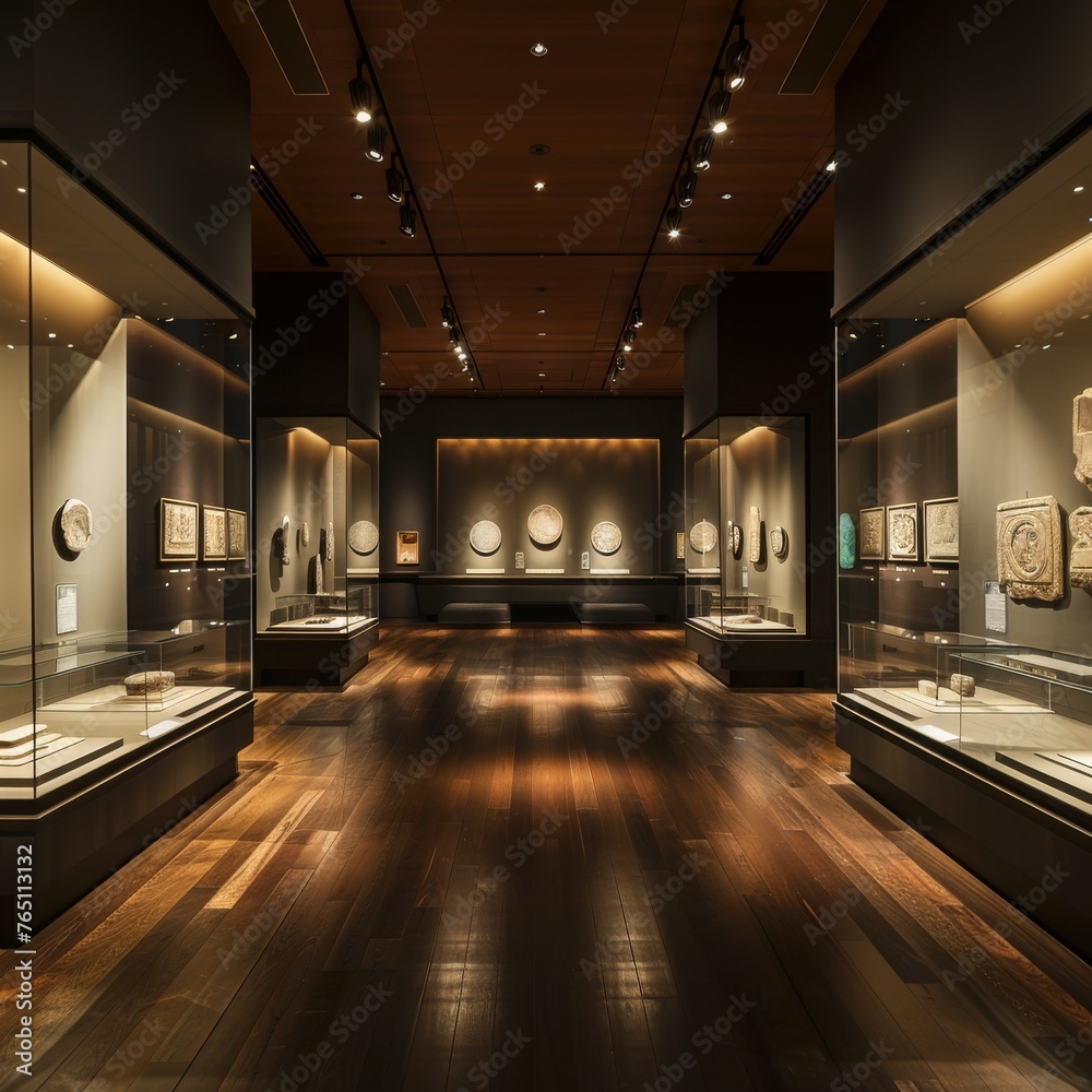 The ambient lighting of a modern museum gallery casts a warm glow over ...