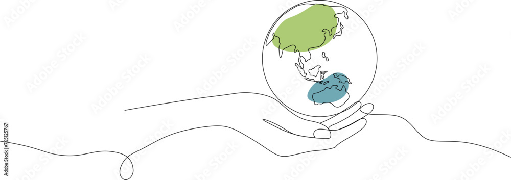 Human hands holding Earth globe with leaves continuous line drawn ...