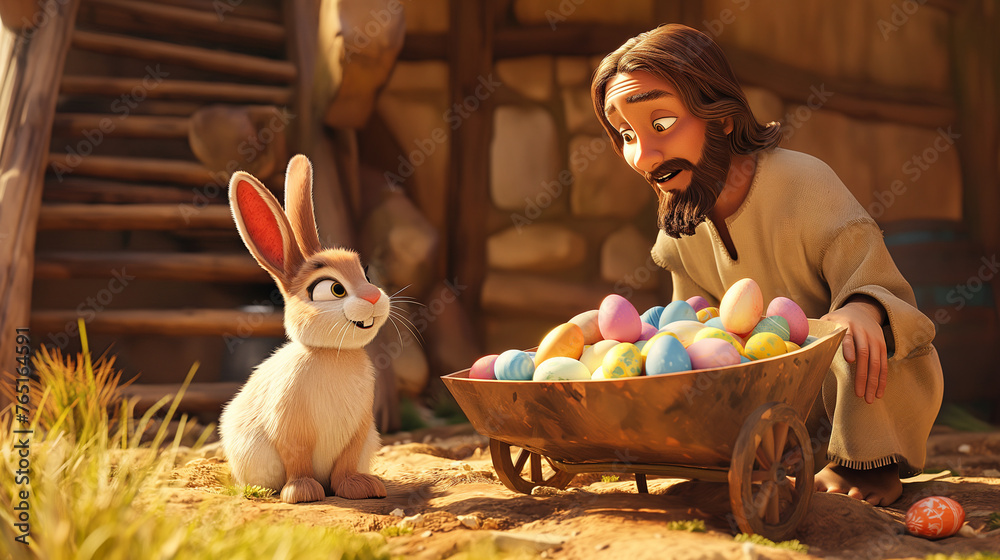Cartoon style of Jesus with an colorful Easter basket and Easter Bunny ...