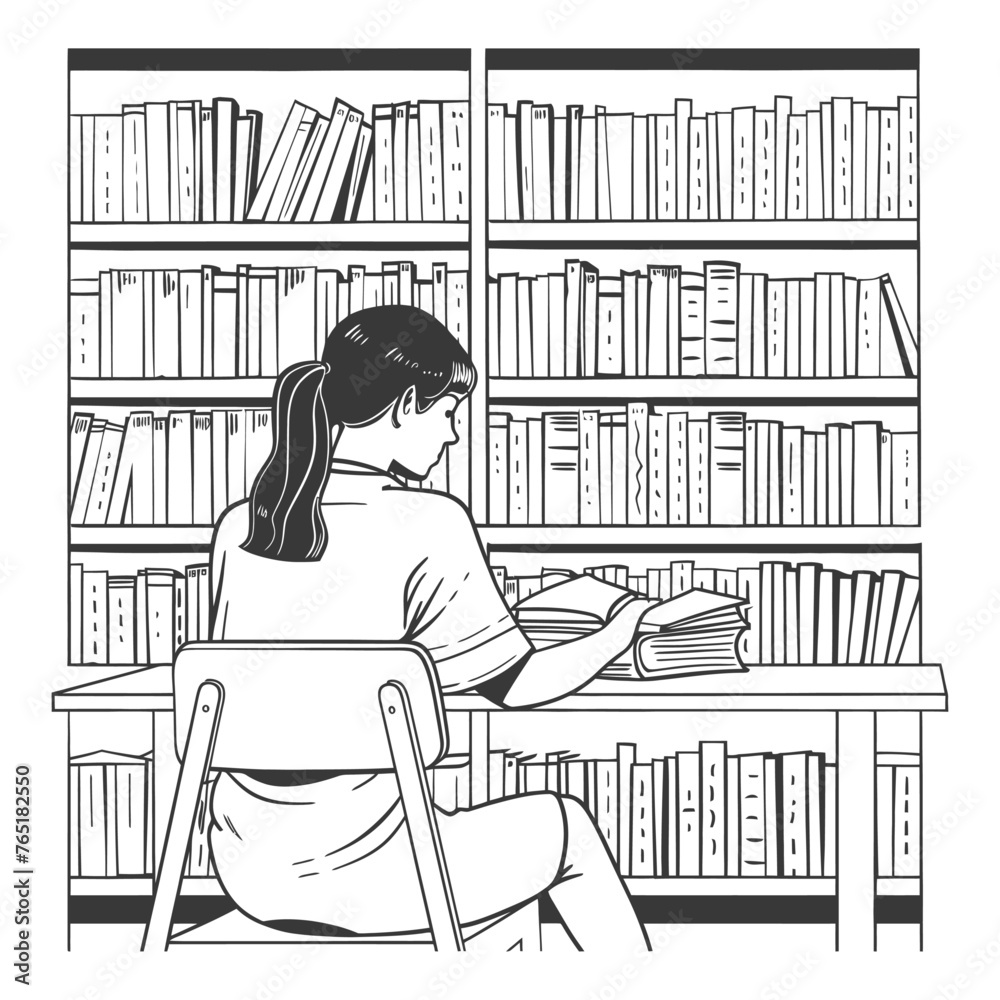 Outline Illustration for people reading in the study room has ...