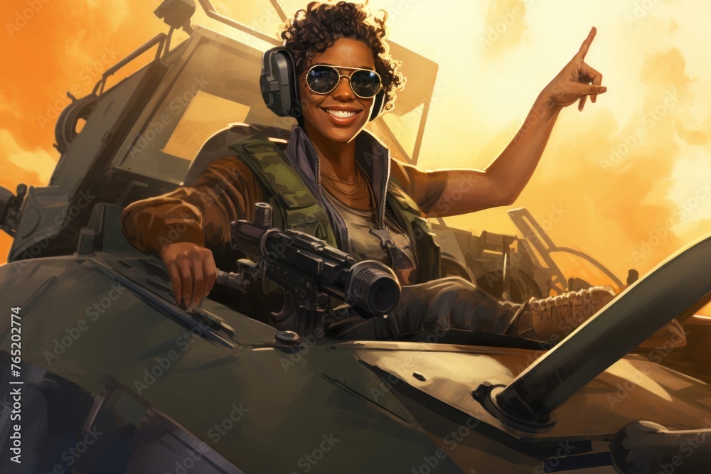 Female Soldier Listening to Music in Military Vehicle Cockpit ...