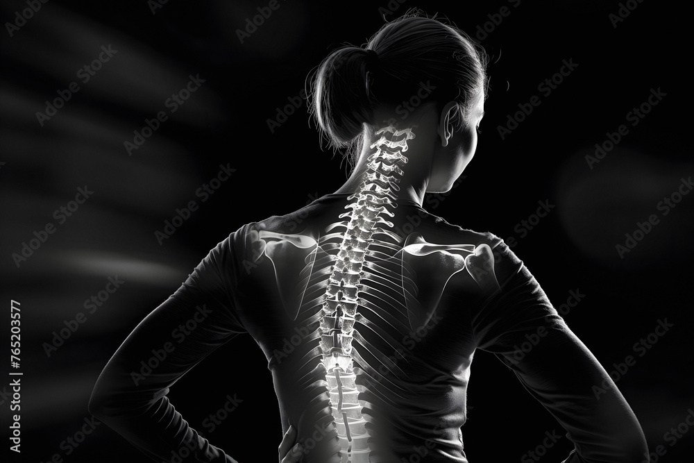 Woman With Back Ache And Spine Pain Silhouette, Vertebrae Bulges Nerve ...