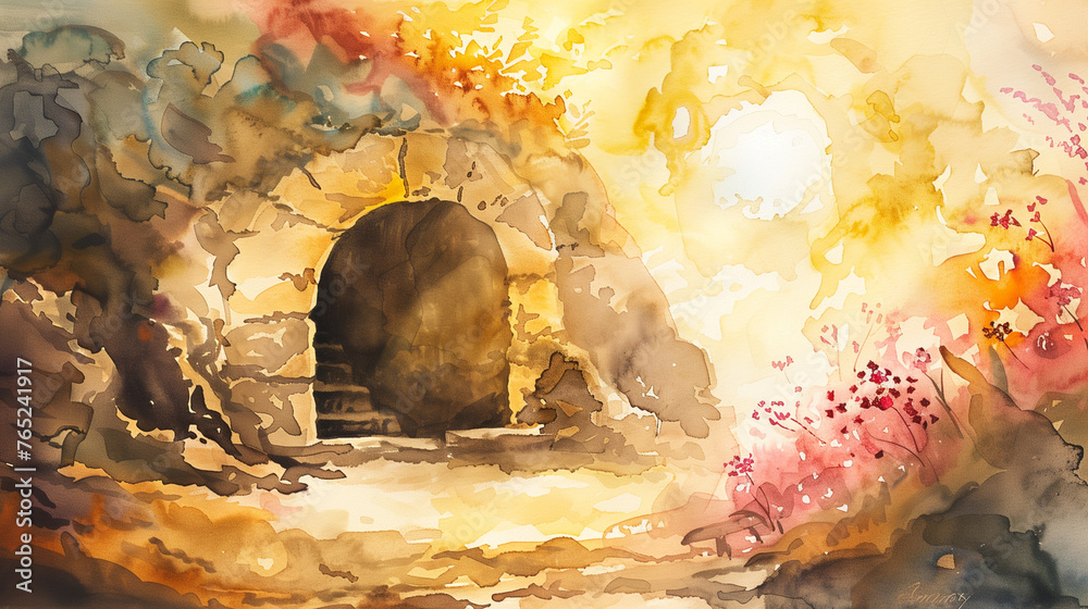 Easter Jesus Christ rose from the dead. Dawn. The empty tomb watercolor ...